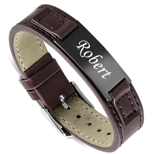Genuine Leather ID Bracelet - Brown Leather, Black Steel