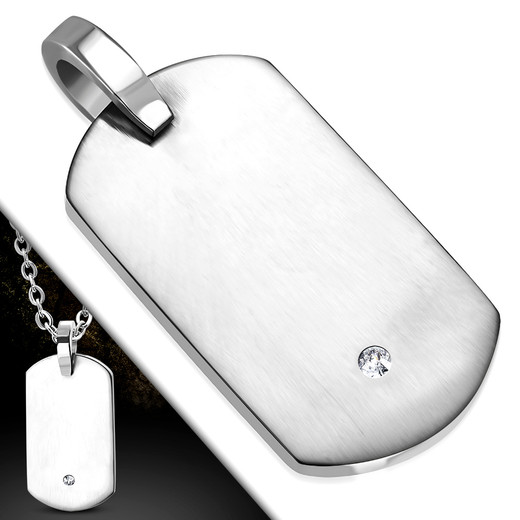 Personalized Stainless Steel Tag Charm Pendant with Clear CZ