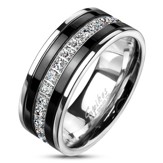Stainless Steel Eternity Ring With Black IP Lines