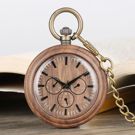 Quartz Movement Walnut Wood Pocket Watch with Chain
