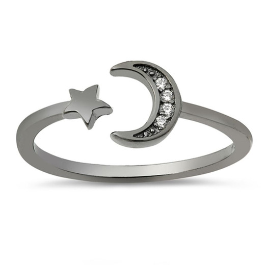 Quality 925 Genuine Sterling Silver Moon & Star Black Ring ...