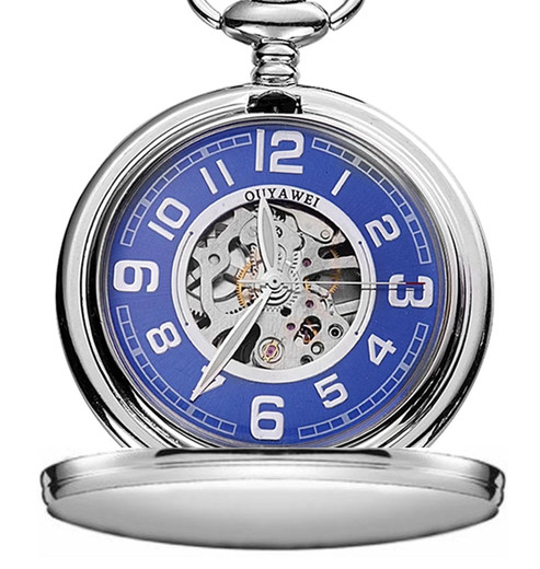 Winding Mechanical Pocket Watch with Silver Blue Dial