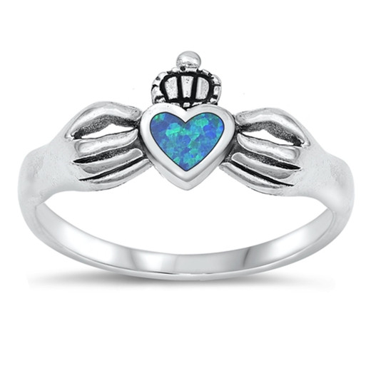 925 Sterling Silver Claddagh Ring - Blue Lab Opal