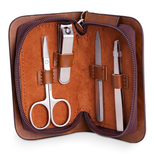 4 Piece Manicure Set with in Brown Leather Case