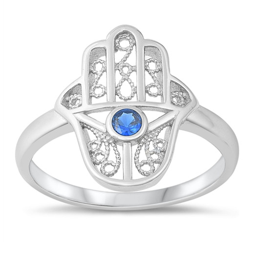 Quality 925 Sterling Silver Hamza Ring with Blue Sapphire CZ