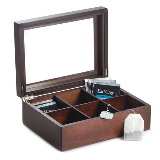 Personalized Mahogany Wood Tea Box with Glass Top