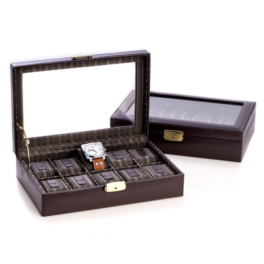 Genuine Brown Leather 10 Watch Box With Glass Top