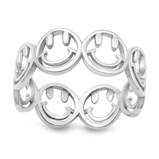 Rhodium Plated Happy Face Sterling Silver Ring