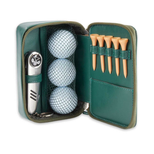 9 Pc. Green Leather Travel Golf Set - Zipper Closure