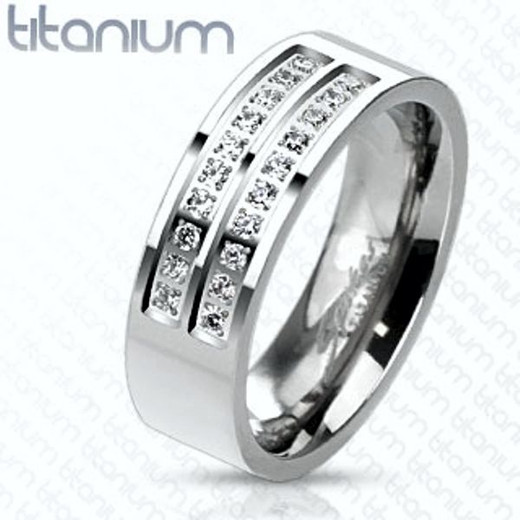 Solid Titanium With Double Centered Micro Paved CZ's Ring