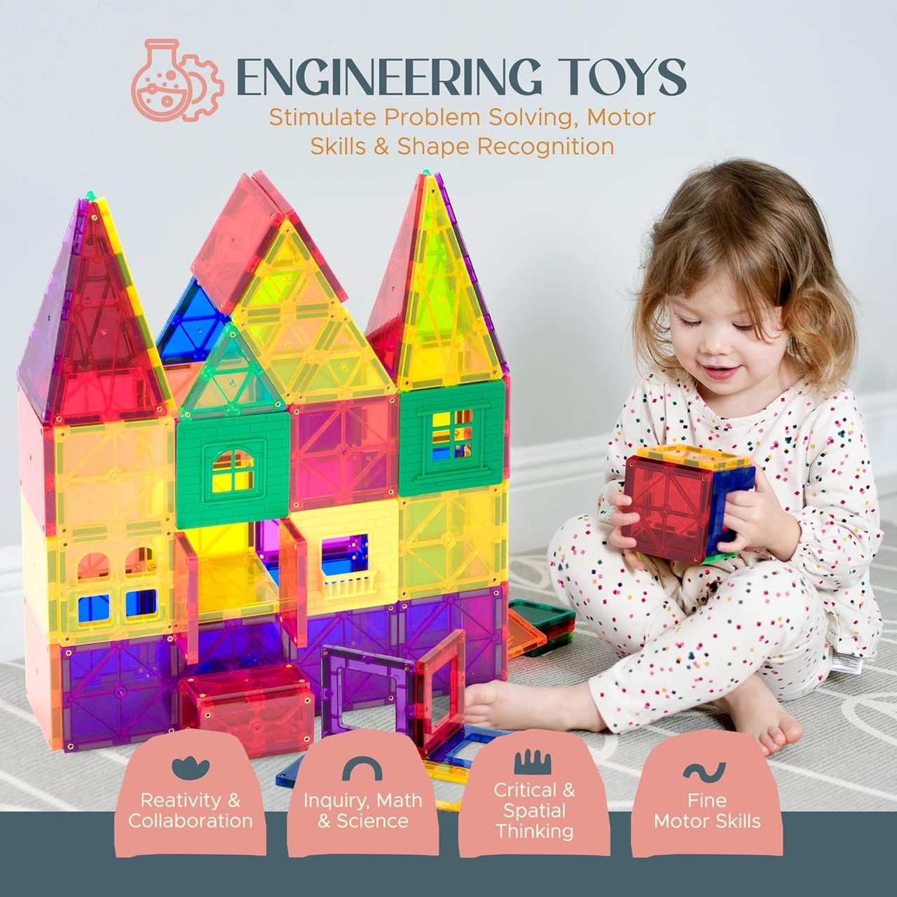 Playmags 100 Piece Magnetic Tiles Building Blocks Set 3D Magnet Tiles for Kids Boys Girls Educational STEM Toys for Toddlers Toys 4 U