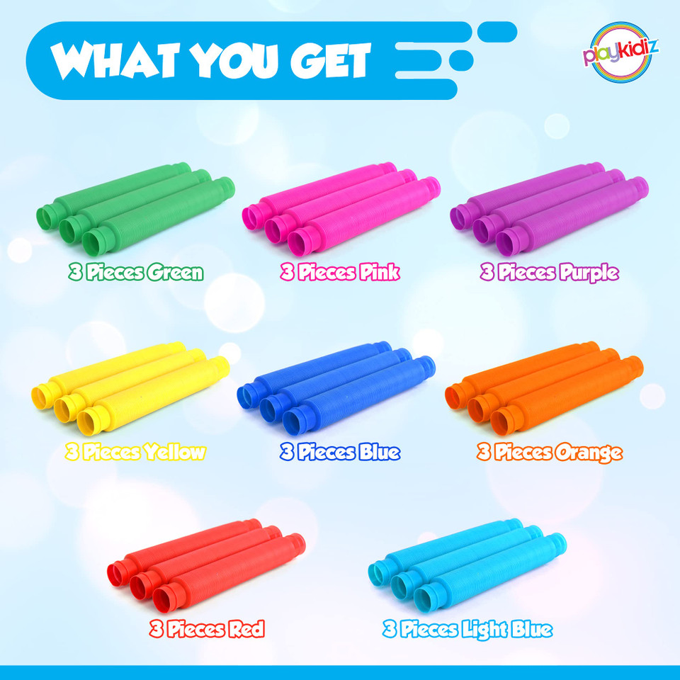 Playkidiz Tubo Pops, 24 Pack Mini 5" Sensory Fidget Tubes, Stretch Up ...