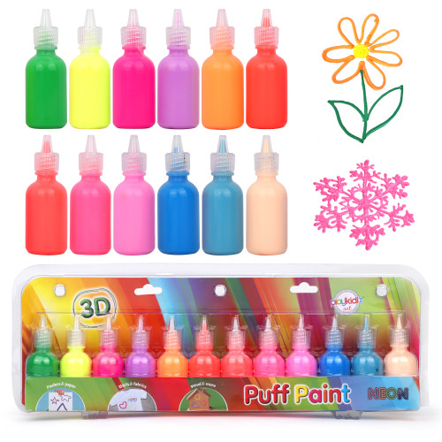 Playkidiz 3-D Art Neon Puff Paint For Kids, 12 Pack Color Pack Squeeze ...