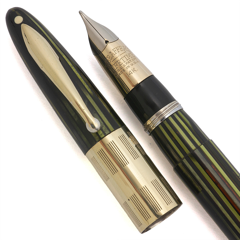 Sheaffer Triumph 1250 Fountain Pen (1940s) - Green Striated, Wide Band ...