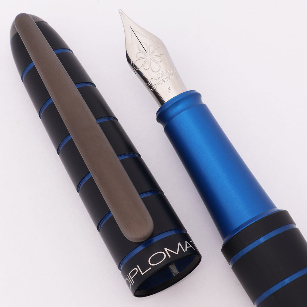 Diplomat Elox Ring Fountain Pen - Black w Blue Rings, Anodized Aluminum ...