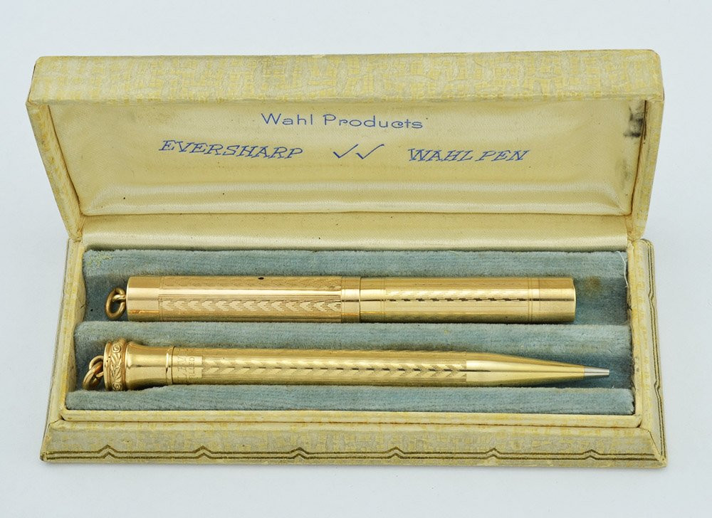 Wahl Fountain Pen Set in Box - #2 Ring Top, Gold Filled Chevron Design ...