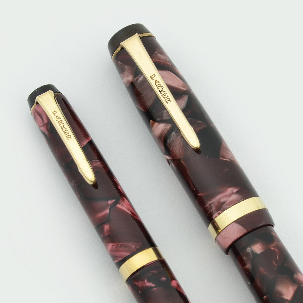 Parker Challenger Pen Set (1937) - Full Size, Button Filler, Red Marble ...