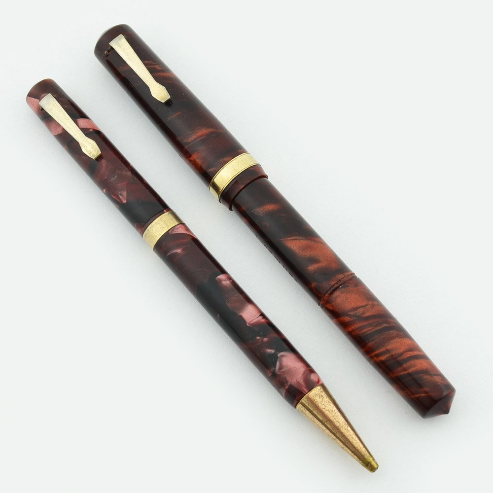 Wahl Eversharp Bantam Fountain Pen Pencil Set - Red Brown Swirl, Bulb ...