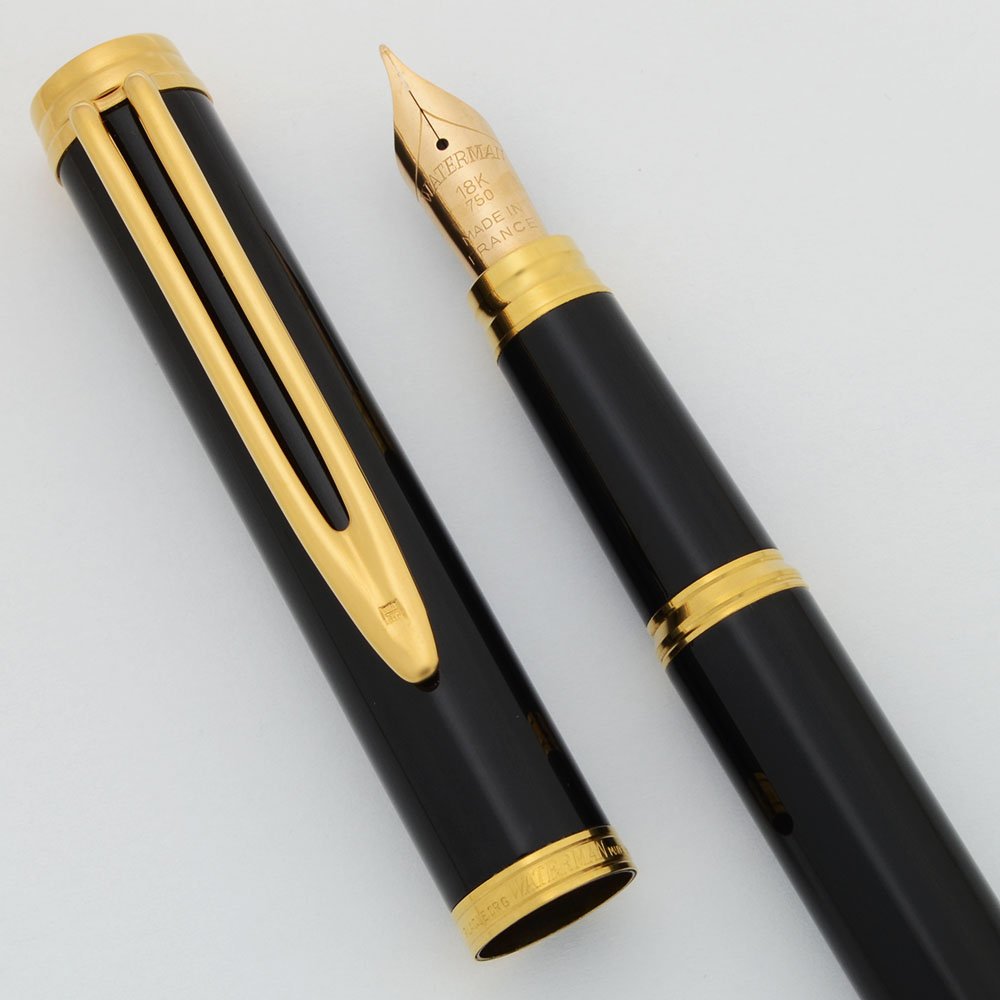 Waterman Gentleman Fountain Pen - Black Lacquer, Gold Trim, Fine 18k ...