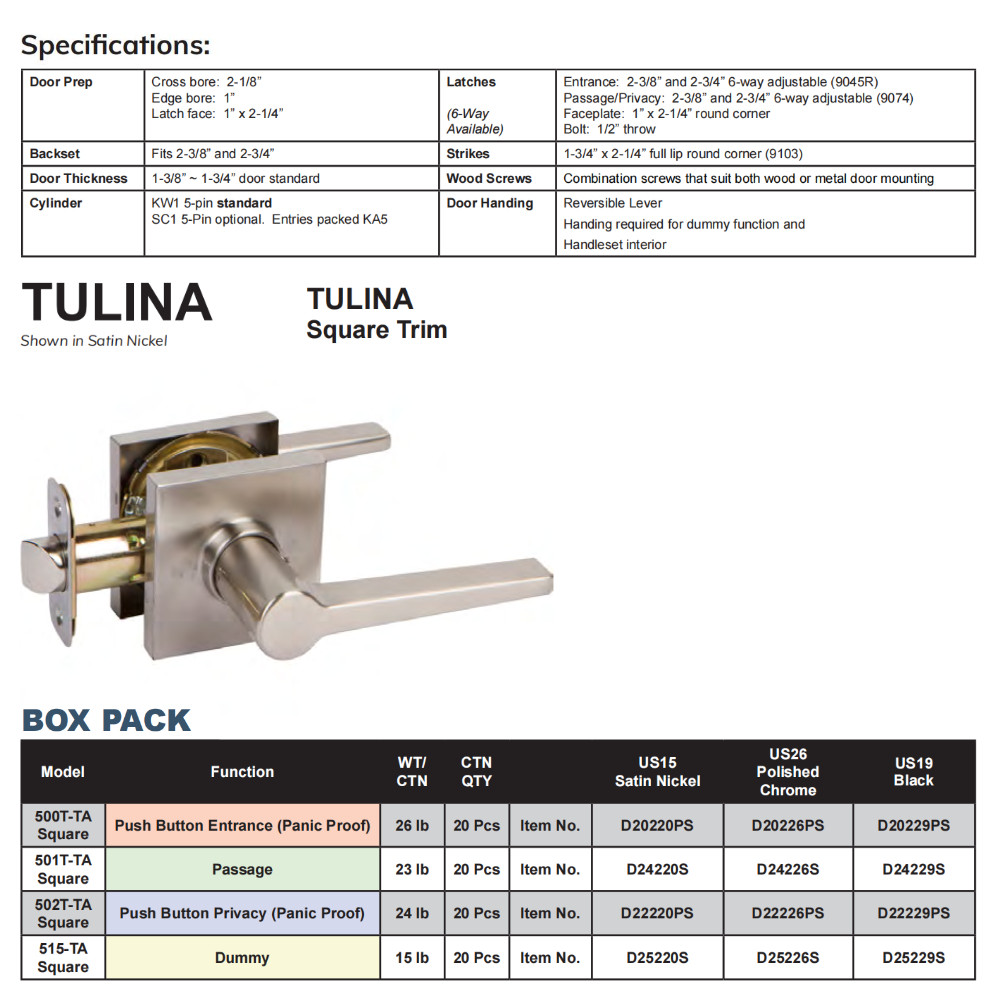Tulina Entry Leverset with Square Trim, Black (US19) - Delaney Hardware
