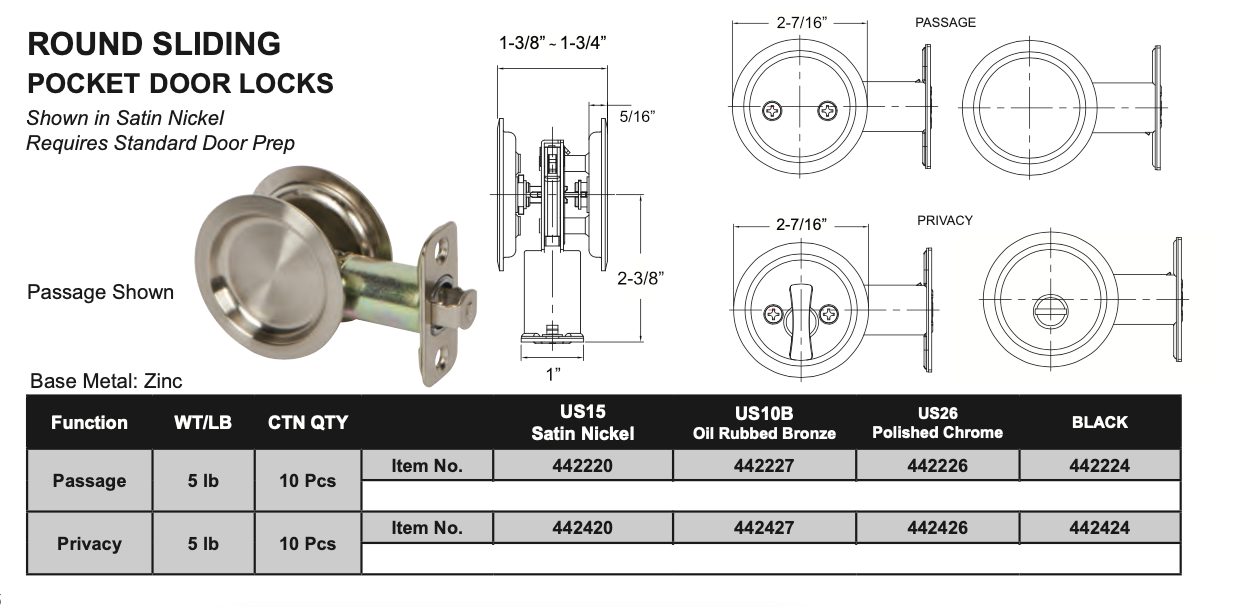Contemporary Round Passage Pocket Door Lock