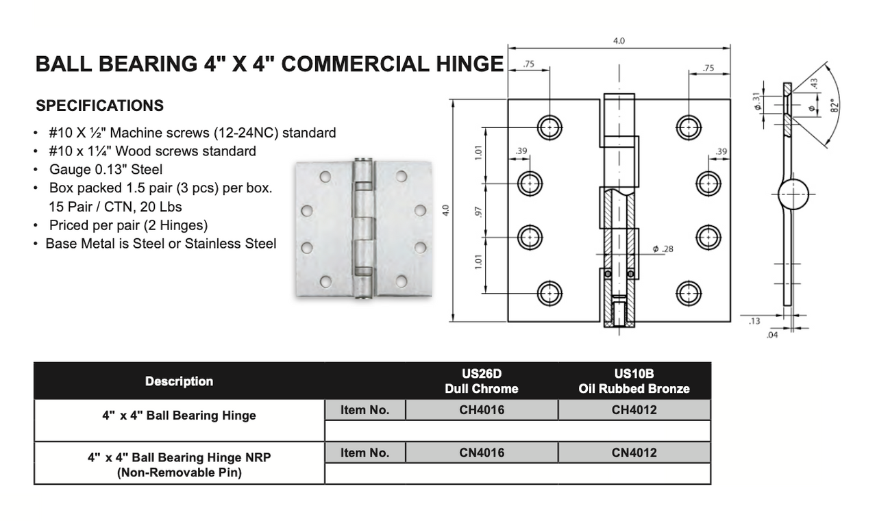 4" x 4" Ball Bearing Hinge - Delaney Hardware