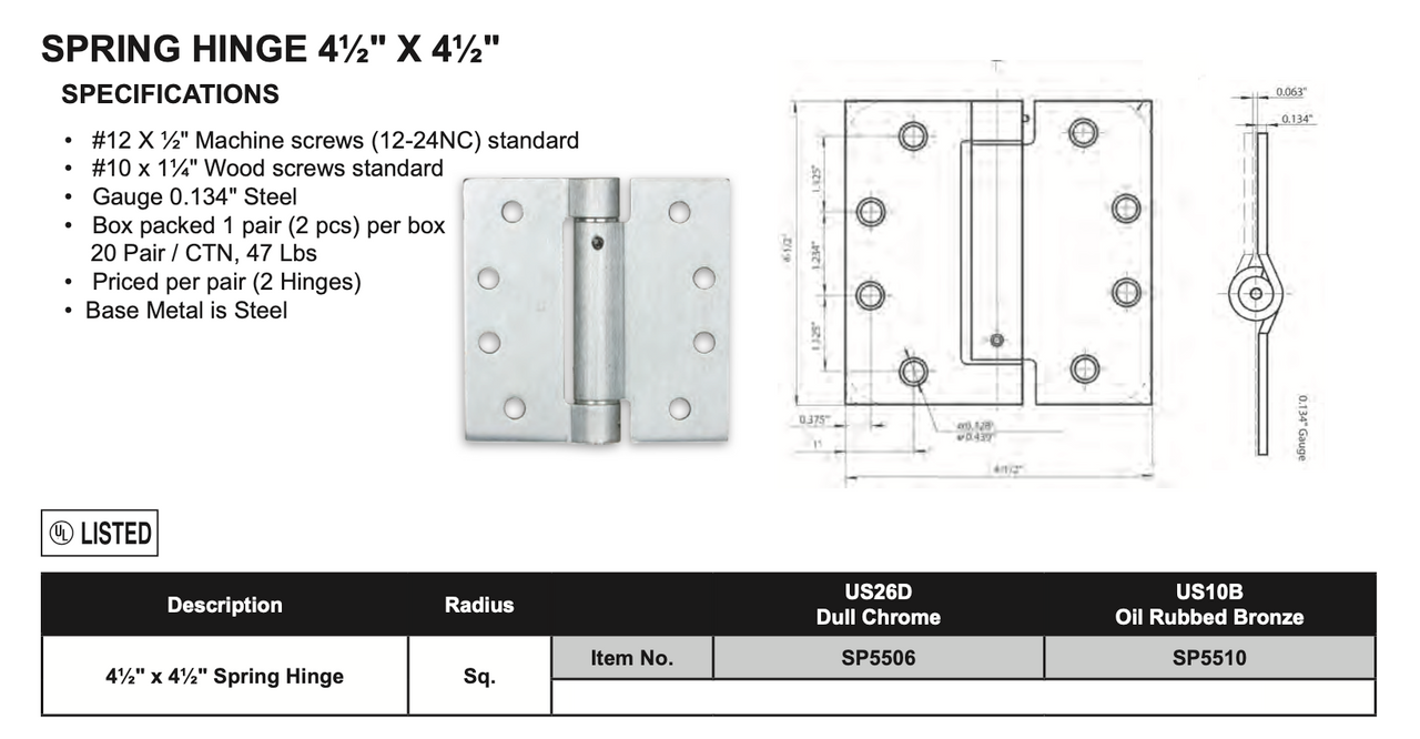 4-1/2" x 4-1/2" Commercial Spring Hinges, Square Corner (Pair ...