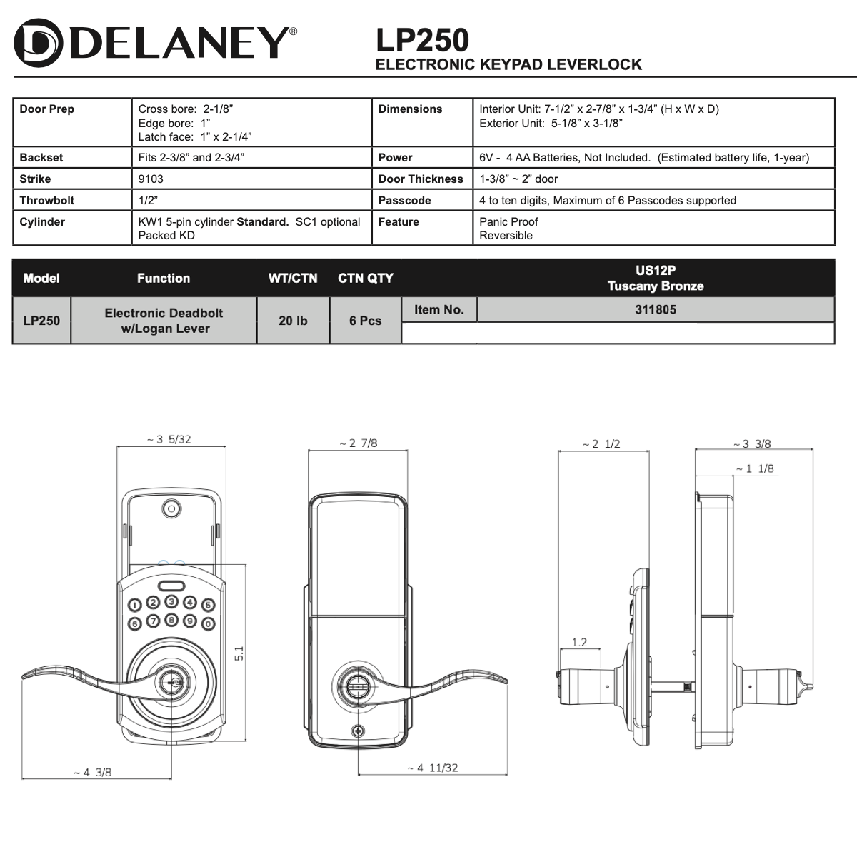 LP250 Electronic Keypad Leverlock, Tuscany Bronze Finish