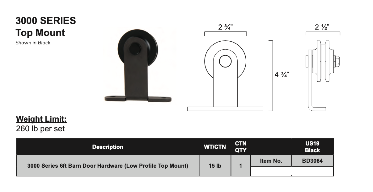 3000 Series Low-Profile Top-Mount Sliding Barn Door Hardware Kit, Black ...