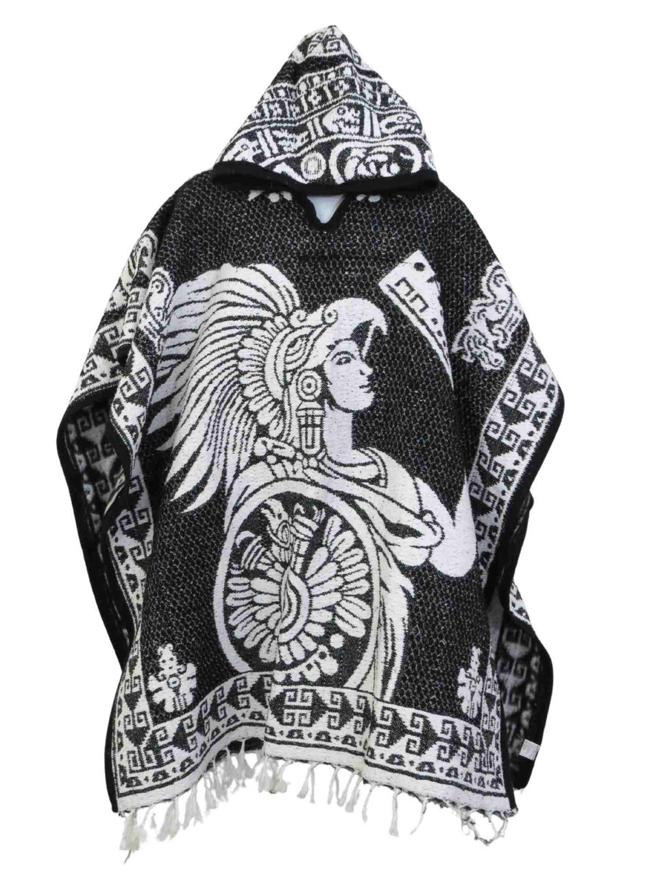 Traditional Mexican Poncho with Hoodie Warrior and Eagle Design