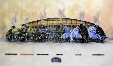 26916398-Eric Thompson s painting of the six A4 locomotives at ...