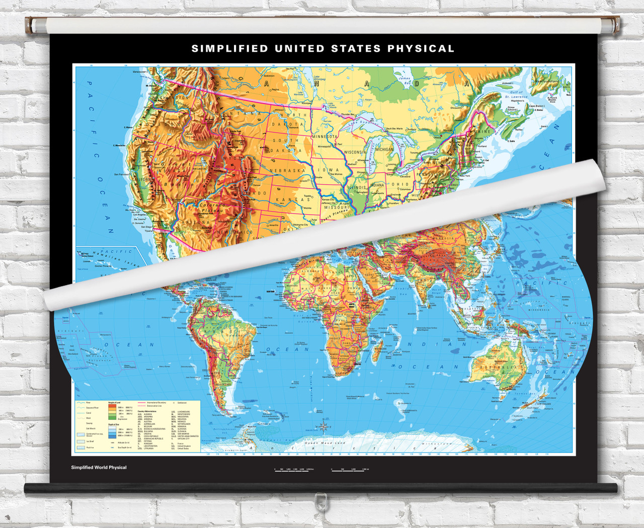 Advanced World Physical Map on Spring Roller - 63" x 53" - from Klett ...