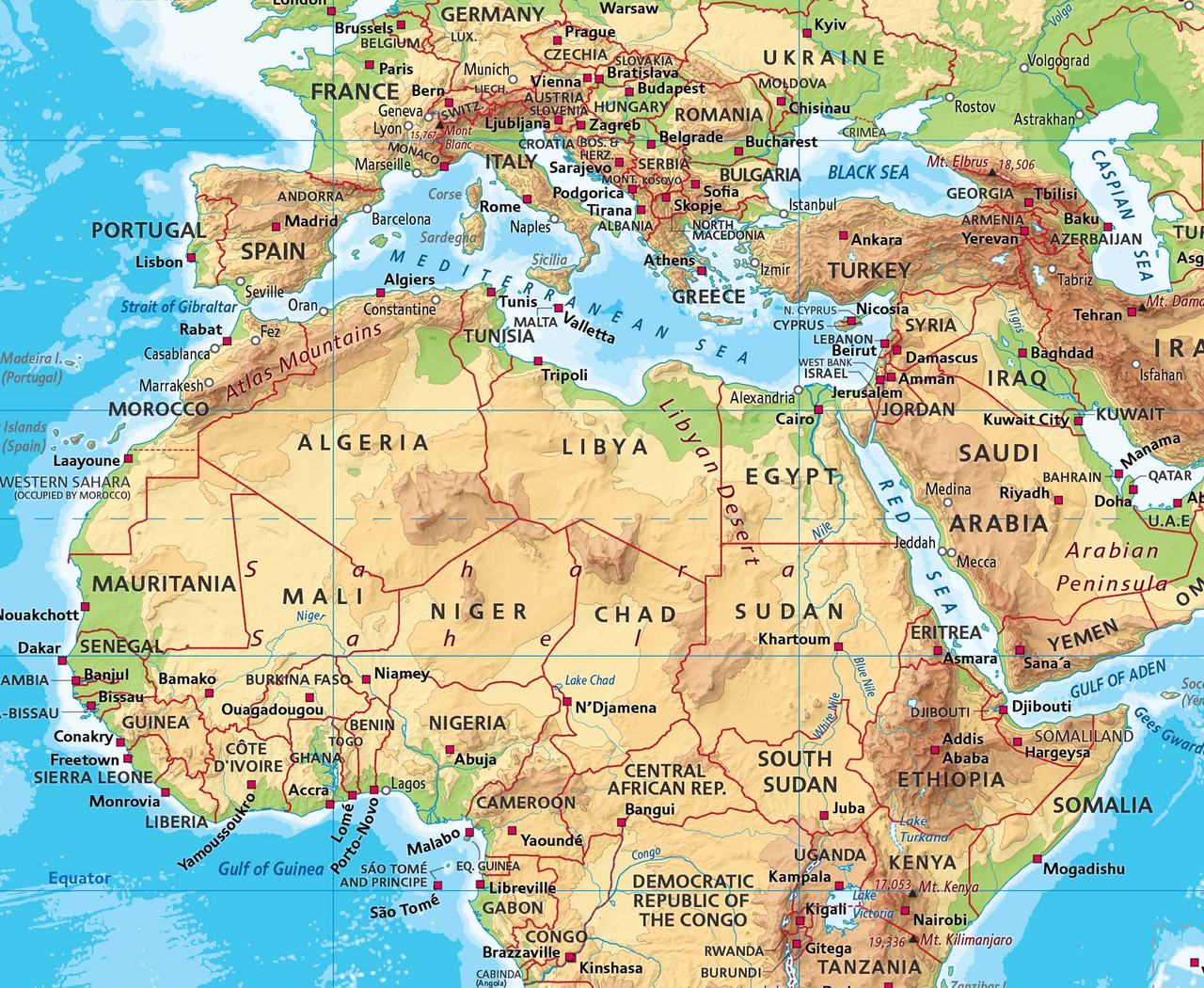 Physical World Map Wall Mural - Miller Projection - Peel & Stick ...