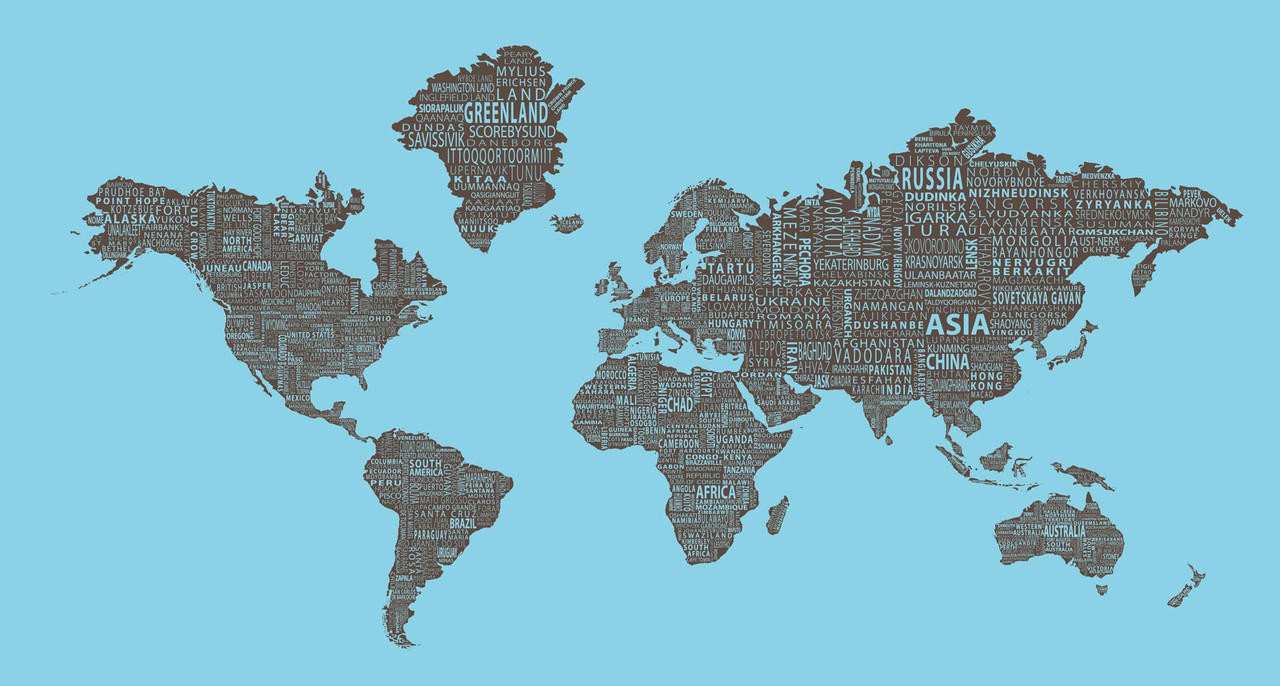 1-World Text Map Mural - Brown on Blue | World Maps Online