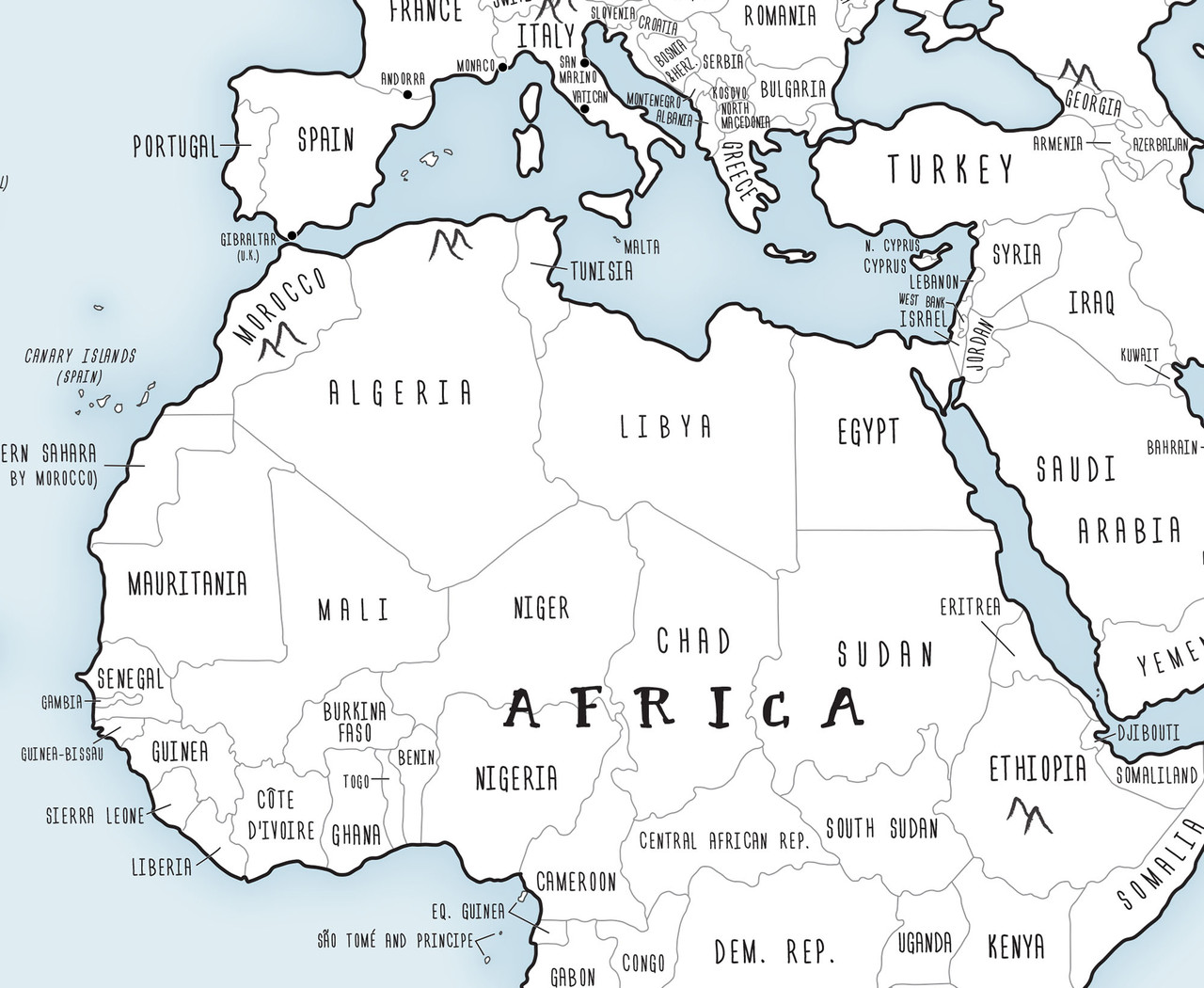 World Coloring Map for Kids - Blue Oceans Wall Decal Doodle Map | World ...