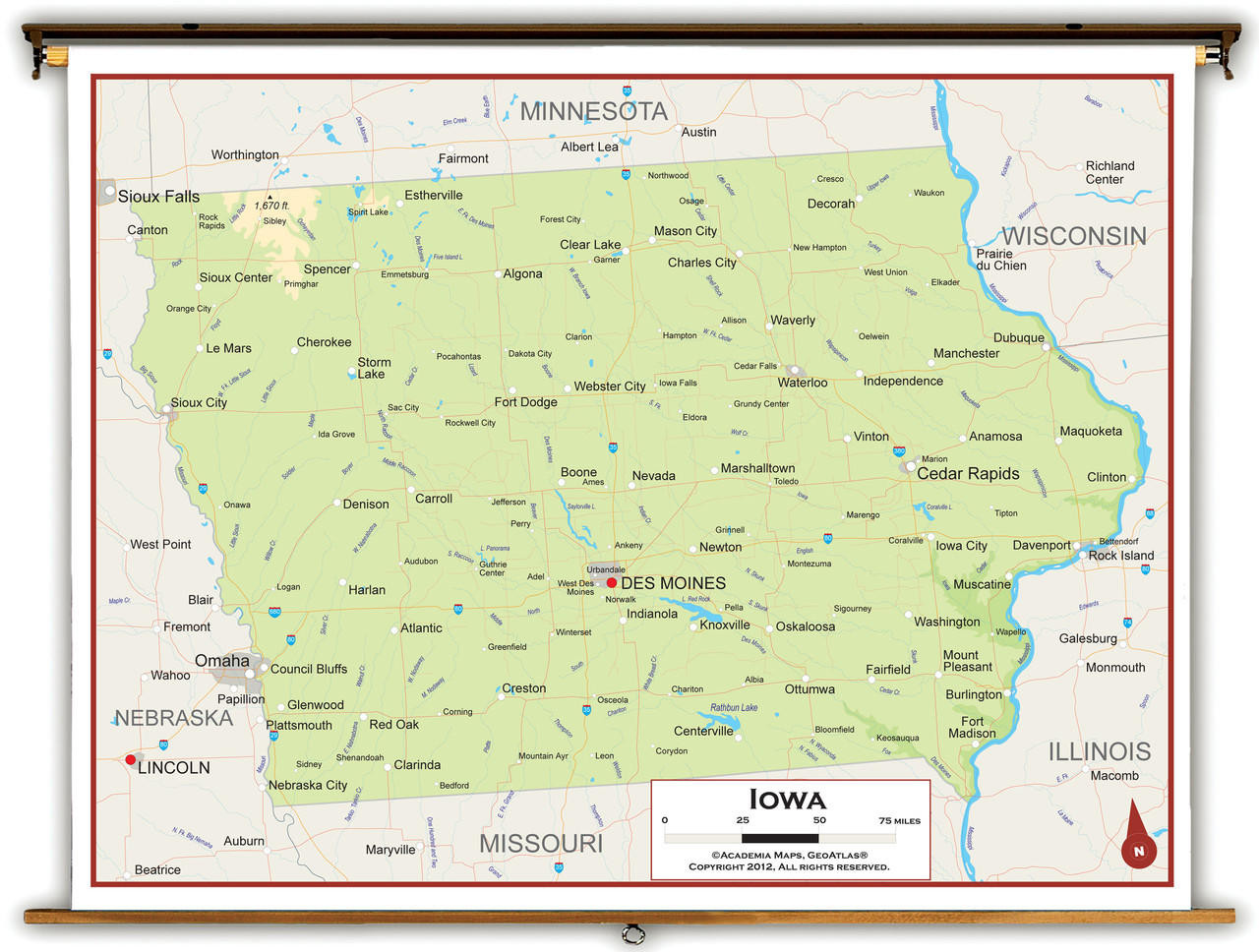 Iowa Wall Map - Physical | World Maps Online