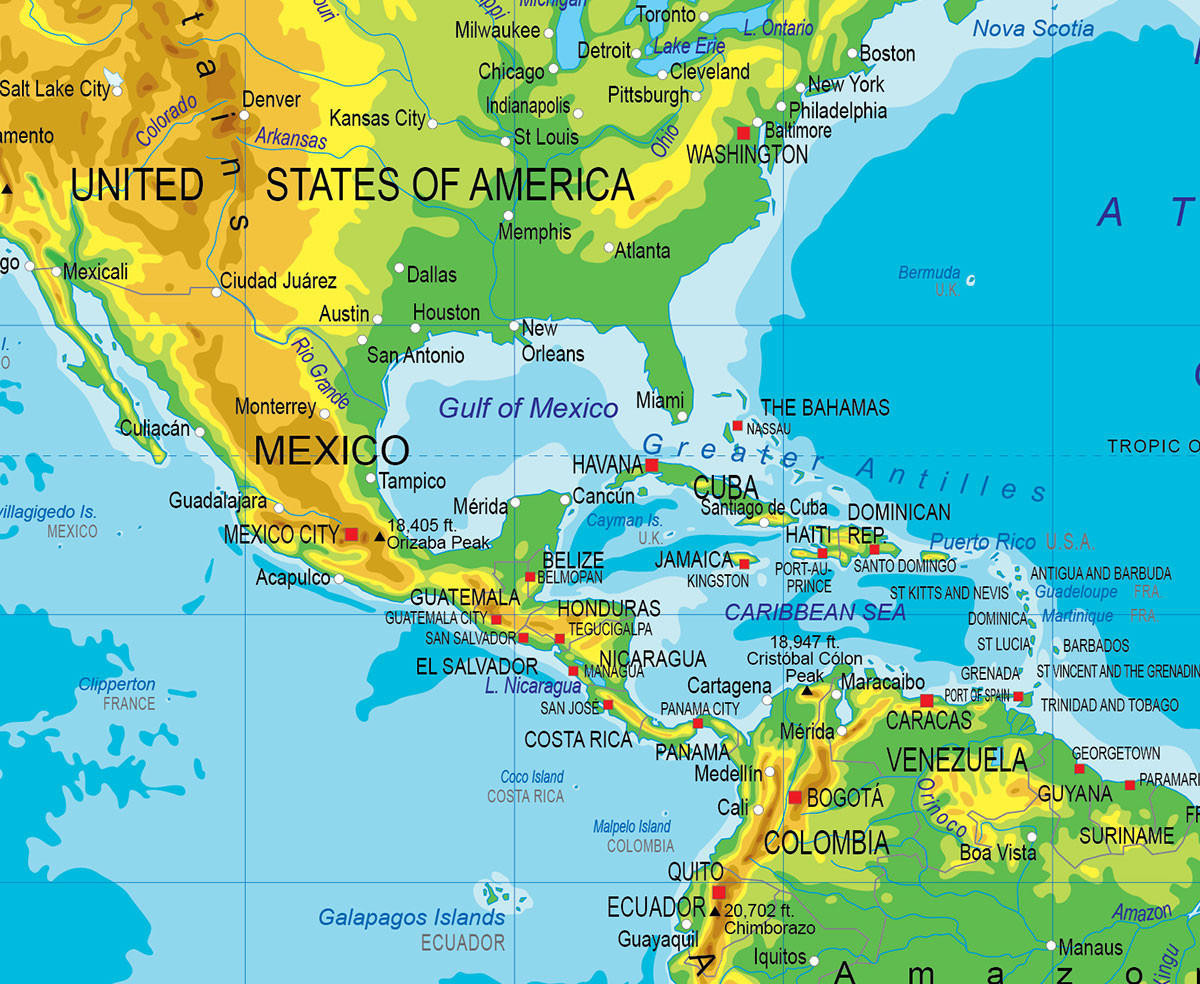 Physical World Wall Map - Mercator Projection | World Maps Online