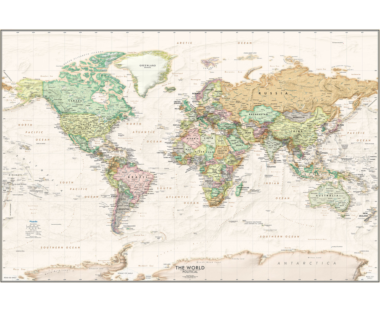 Beige Ocean Antique Style World Map Mural | World Maps Online
