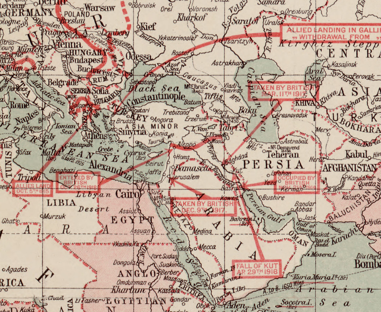 Historic World Map of WWI Conflicts, 1914-1918 - Vintage Map Print ...