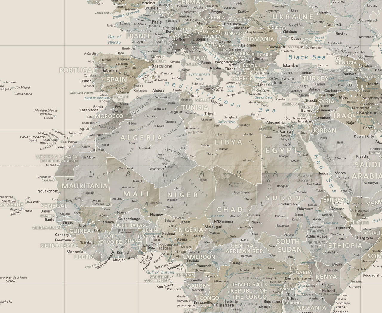 Neutral Tones World Political Wall Map | World Maps Online