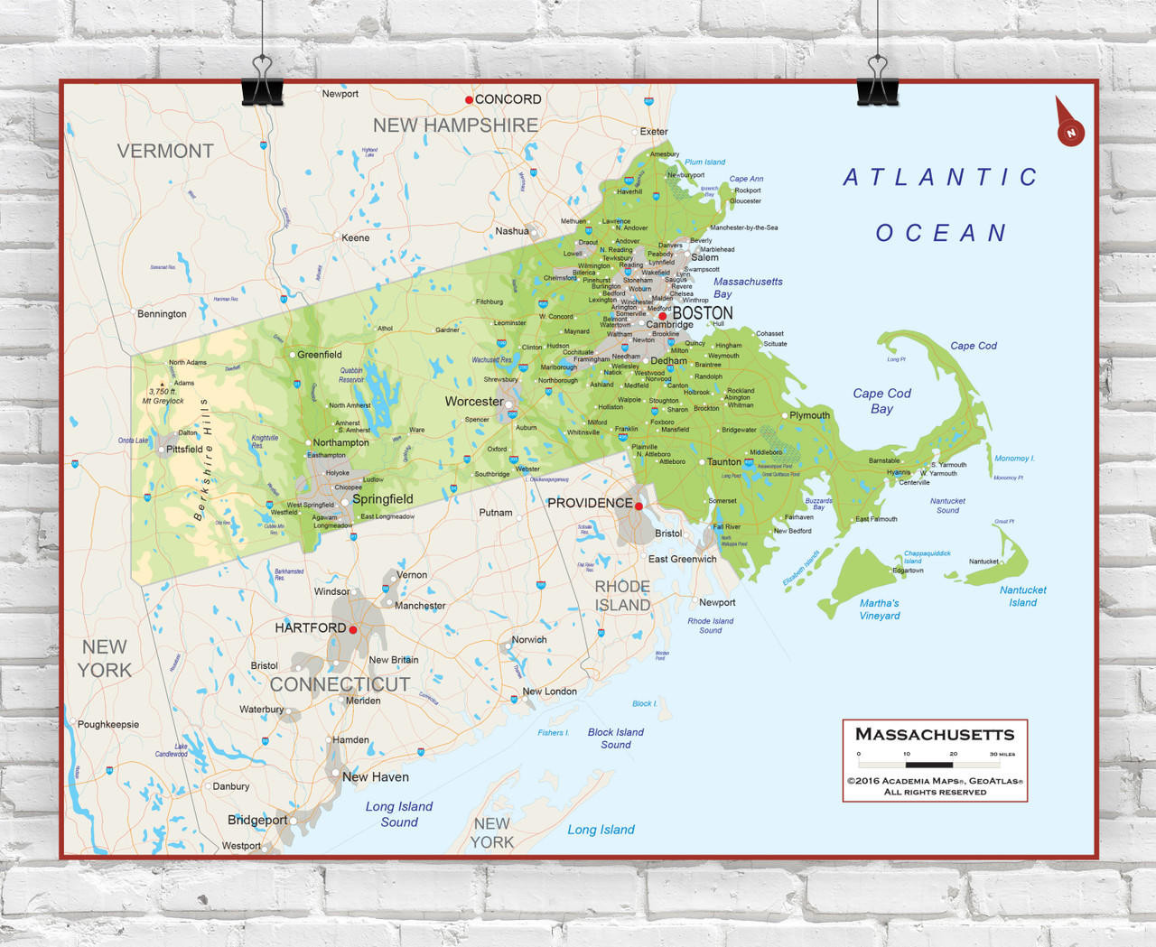 Massachusetts Wall Map - Physical | World Maps Online