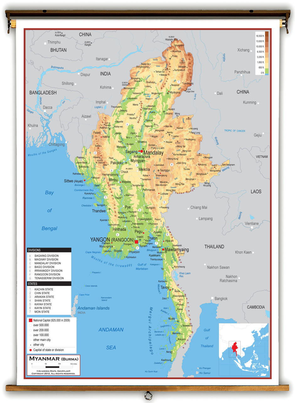 Myanmar (Burma) Physical Educational Map from Academia Maps | World ...