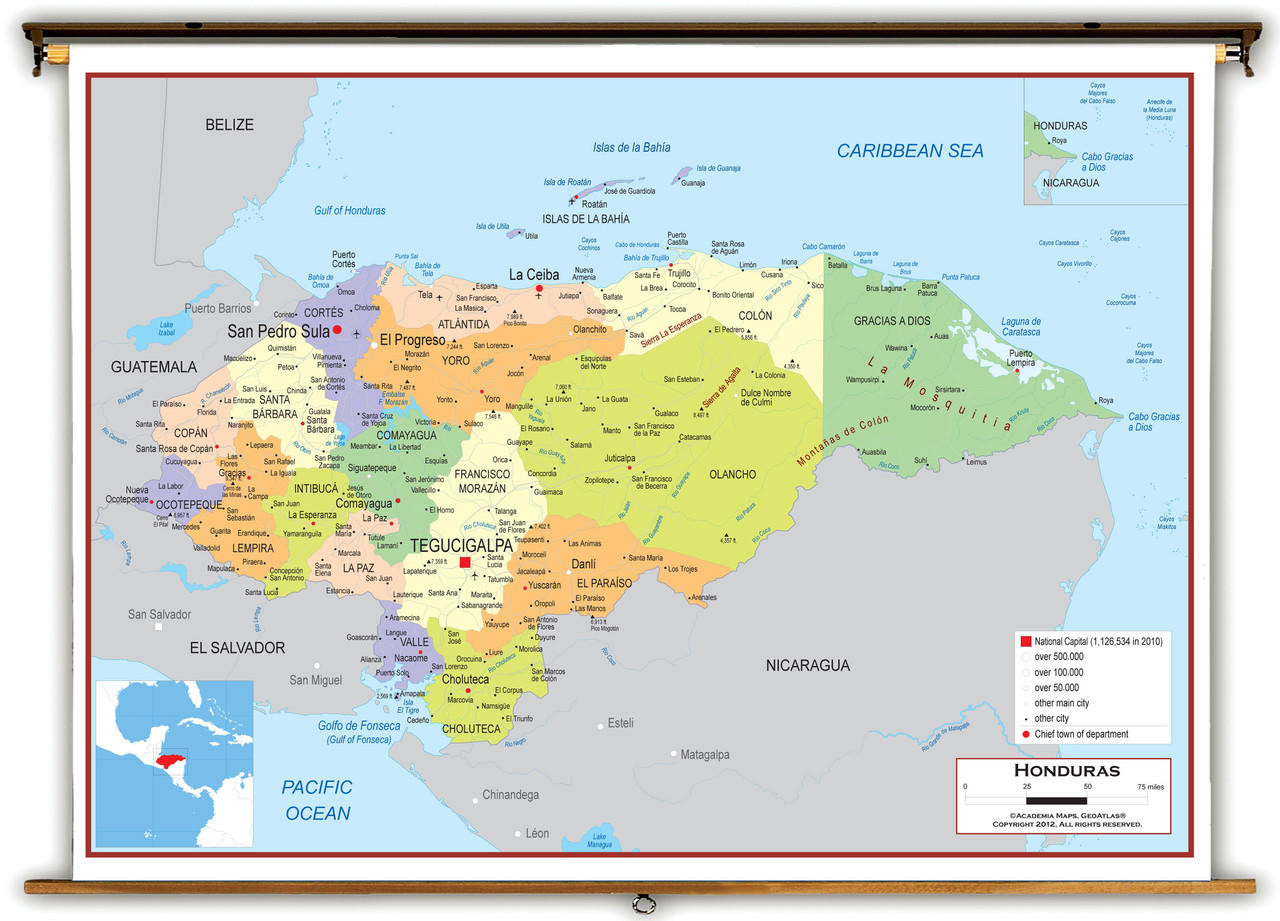 Honduras Political Educational Wall Map from Academia Maps | World Maps ...