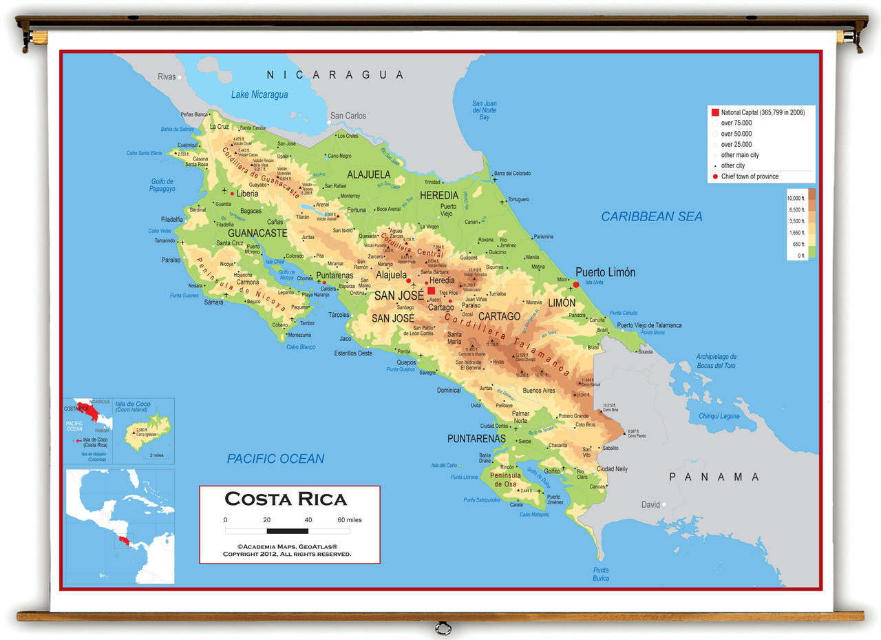 Costa Rica Physical Educational Wall Map from Academia Maps | World ...