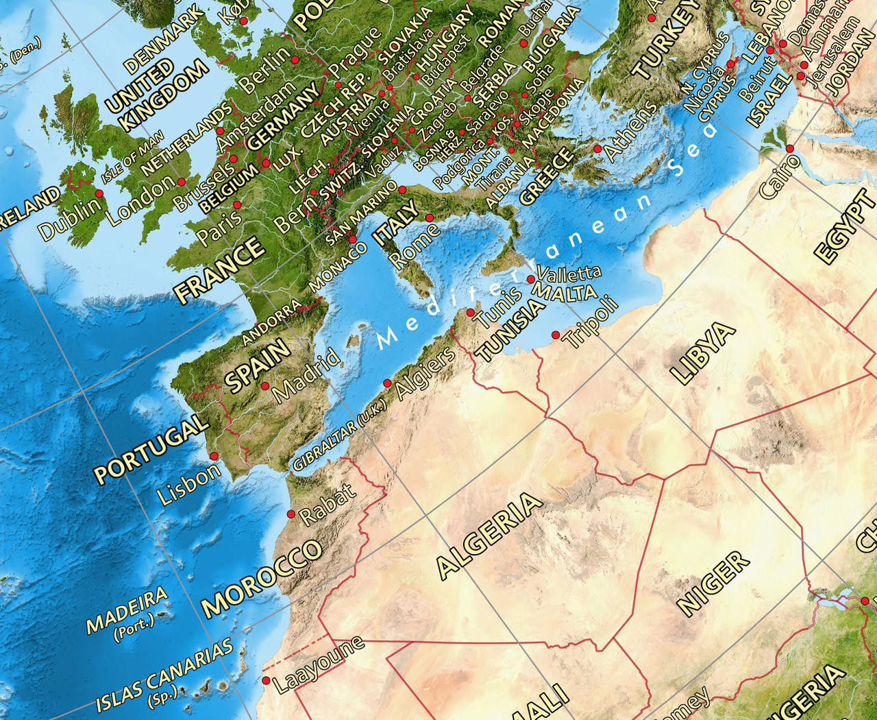 World Satellite Image Map - Oblique Mercator Projection - Enhanced ...