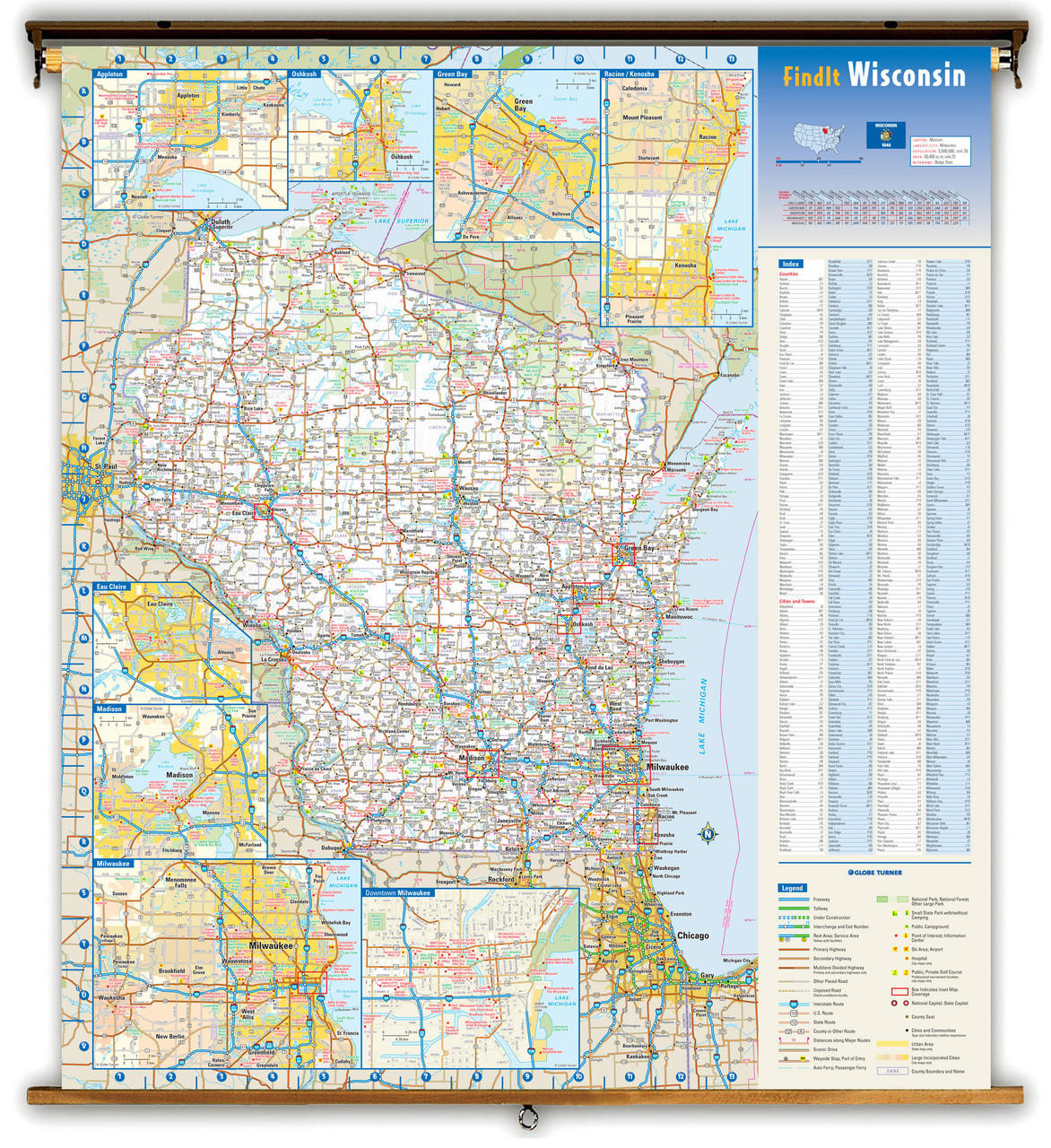 Wisconsin Reference Spring Roller Map | World Maps Online