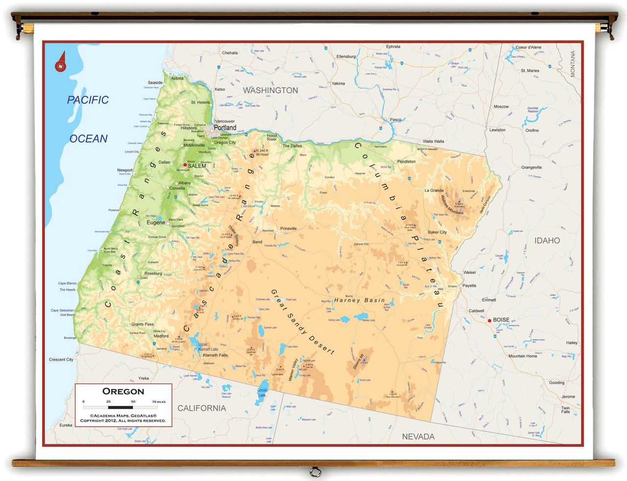 Oregon Physical Spring Roller Map | World Maps Online