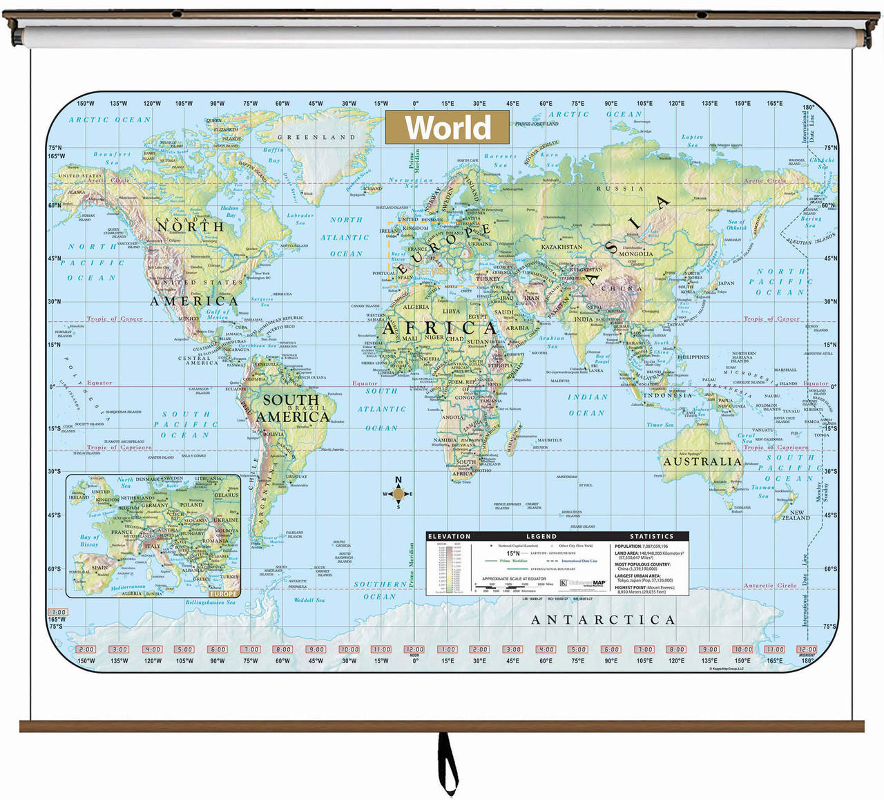 World Large Shaded Relief Map on Spring Roller from Kappa Maps | World ...