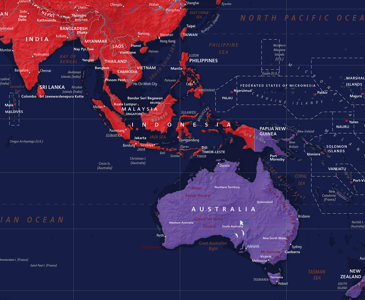 Dark Oceans Simple Labeling - World Map Poster | World Maps Online