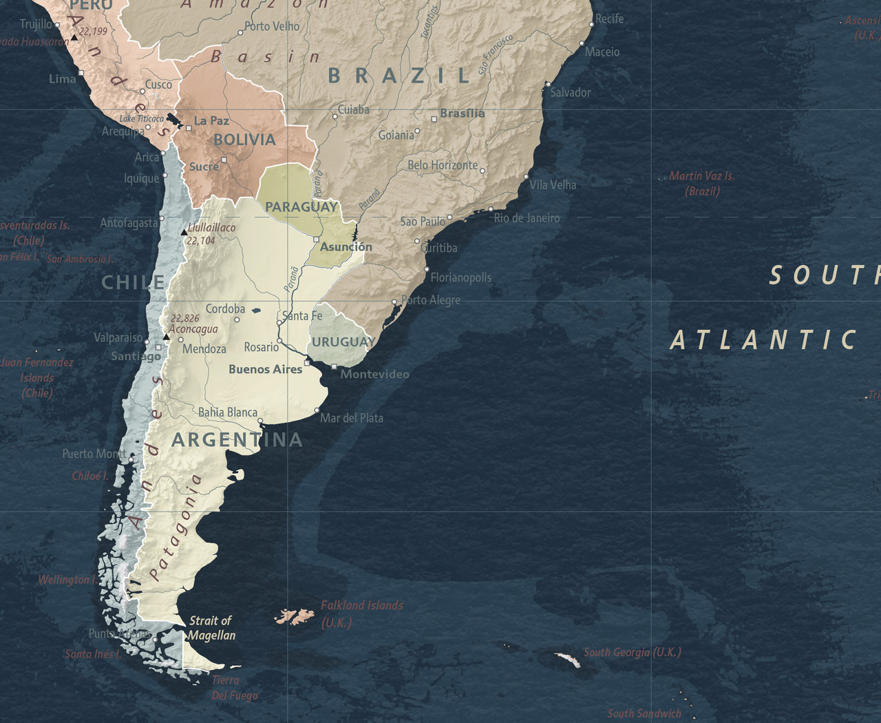 Dark Navy Oceans World Political Wall Map | World Maps Online